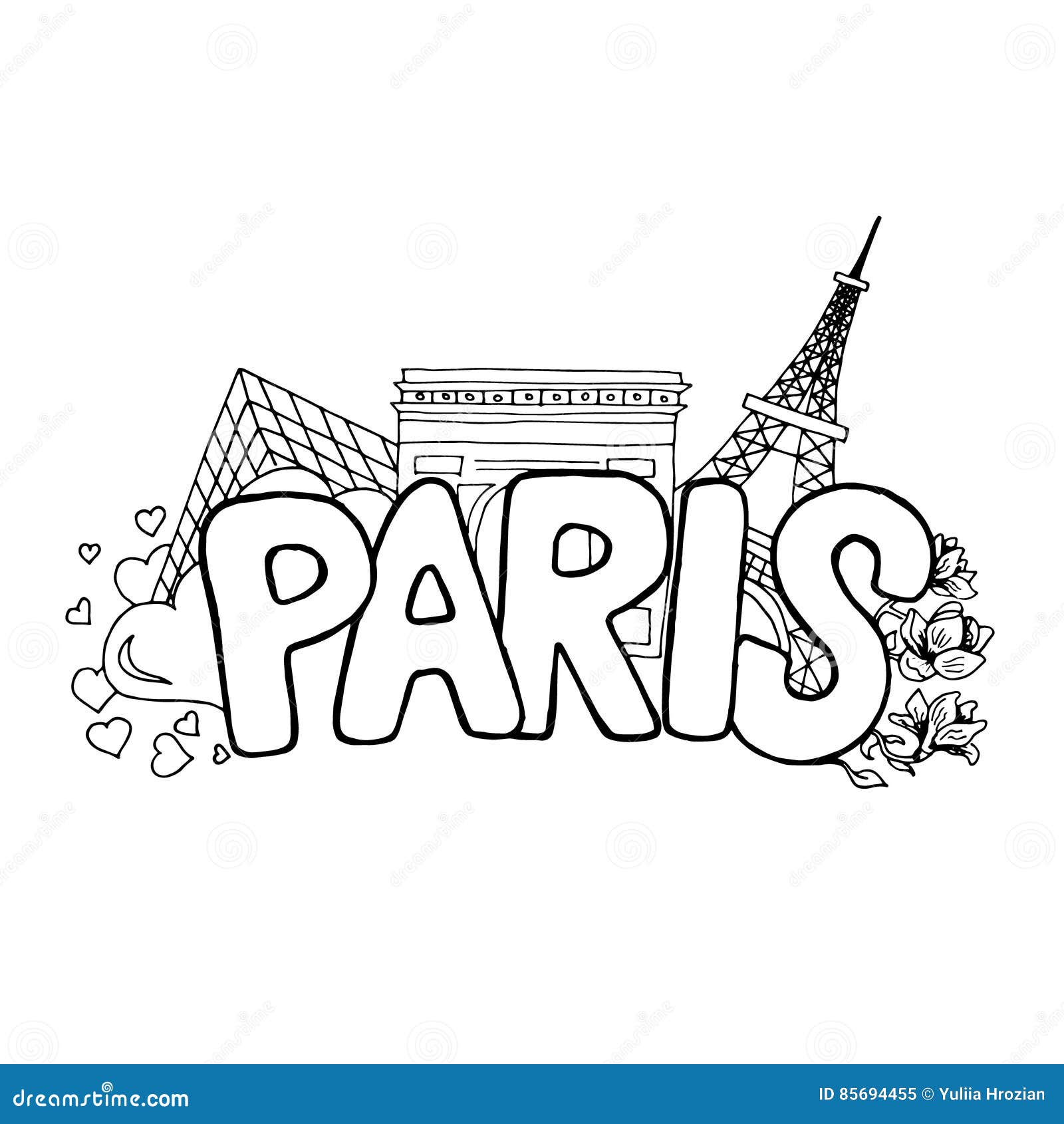 Spring in Paris Vector Hand Drawn Sketch with Famous Landmarks, Stock ...