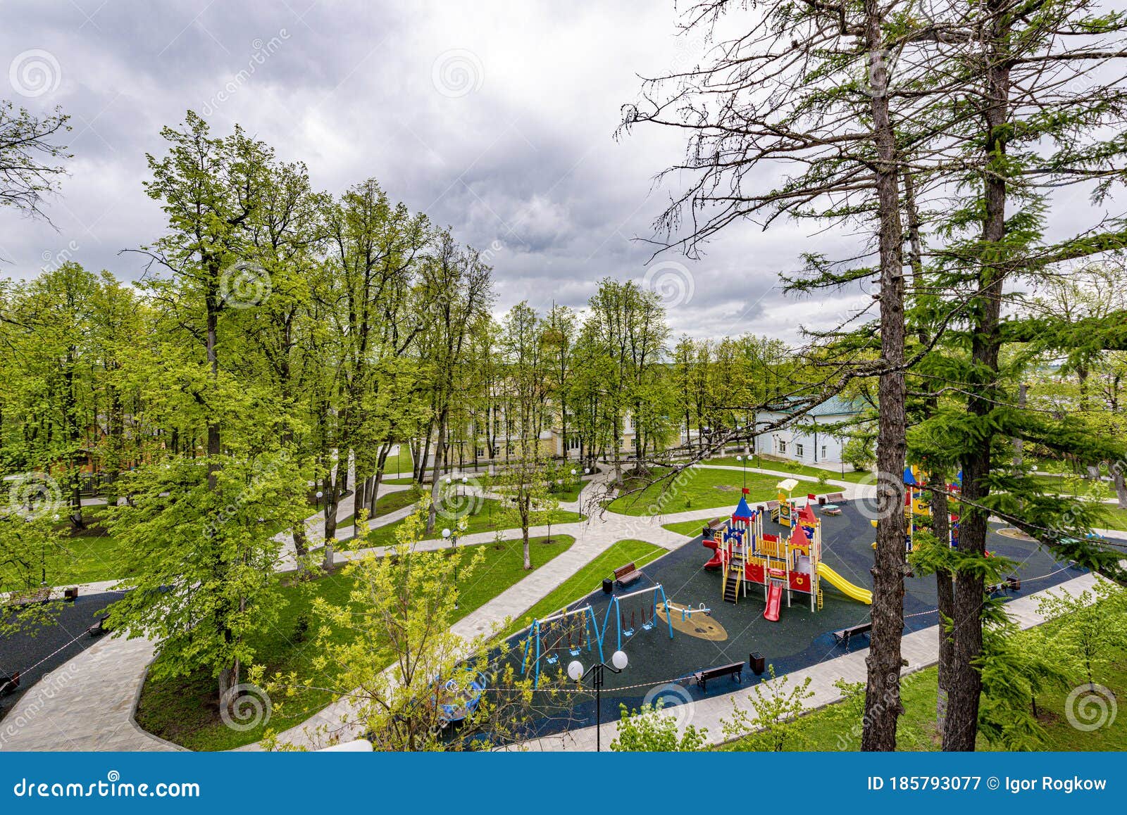 Spring Park with Stone Walkways and Benches Moscow on a Spring Day with ...