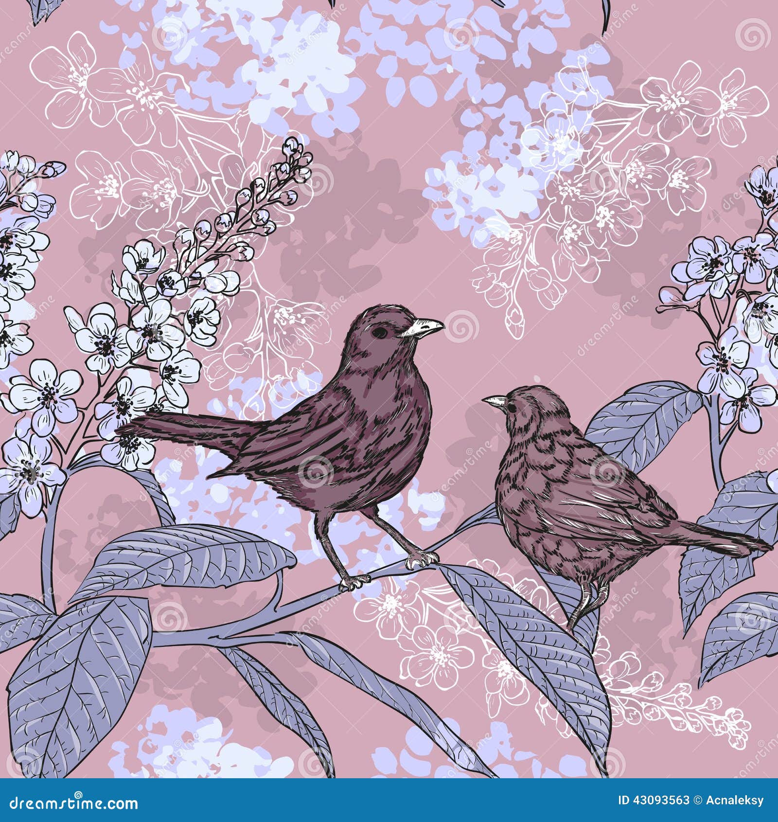 Spring Pattern with Birds on a Blooming Branch Stock Vector ...