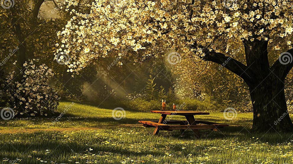 Spring Picnic Table Under Blossom Tree, Sunlit Park Stock Image - Image ...
