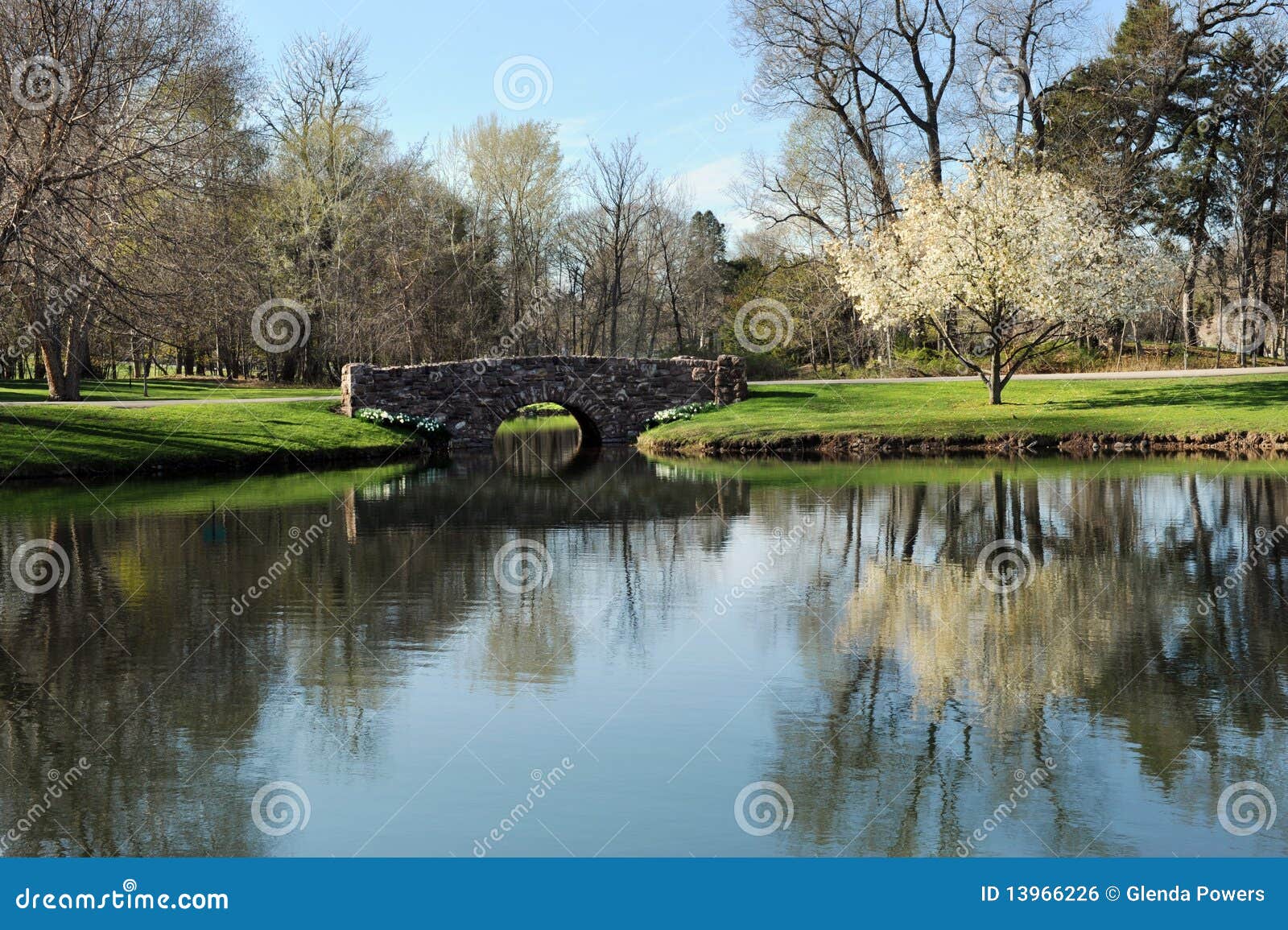 Spring Pond stock photo. Image of scenic, trees, bridge - 13966226