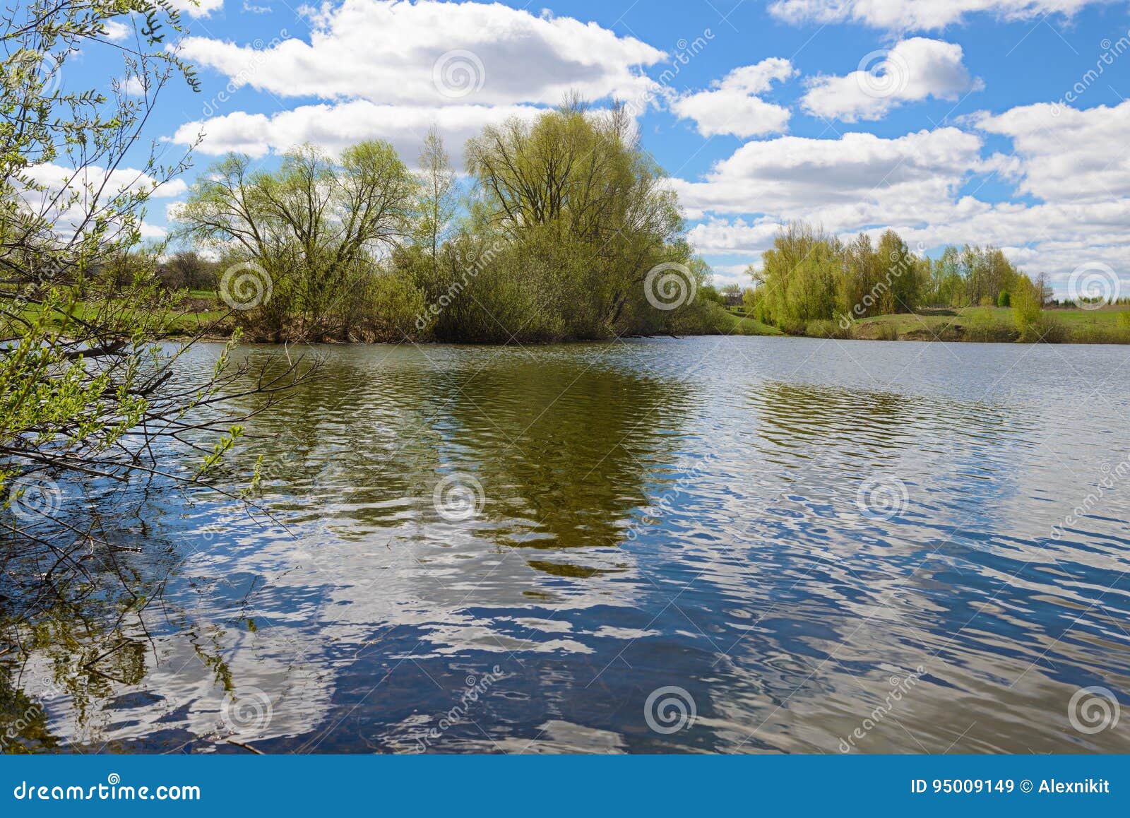 Spring Pond with Trees and Clouds Stock Image - Image of calm, idyllic ...