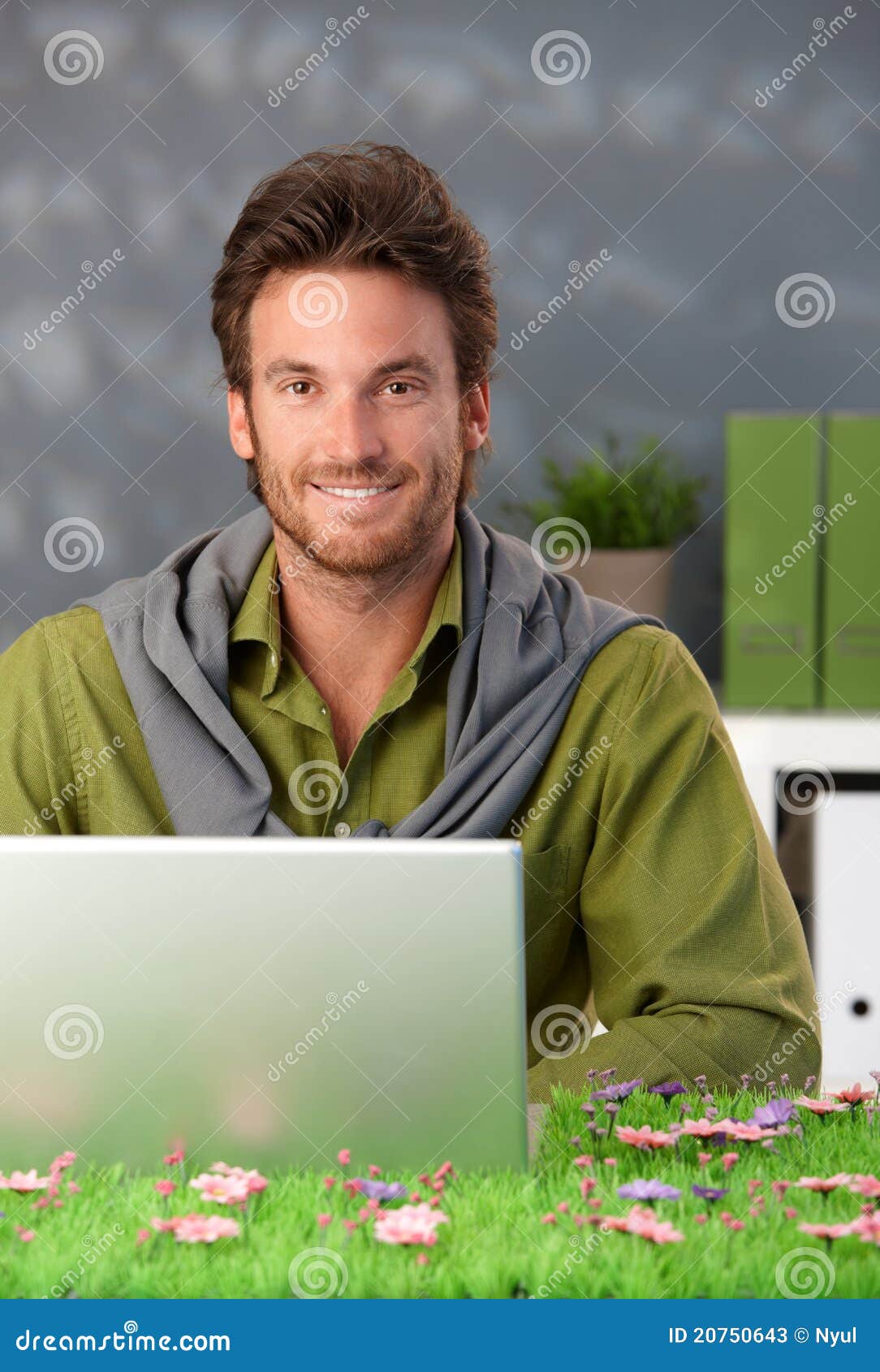 Spring Portrait of Smiling Man with Computer Stock Image - Image of ...