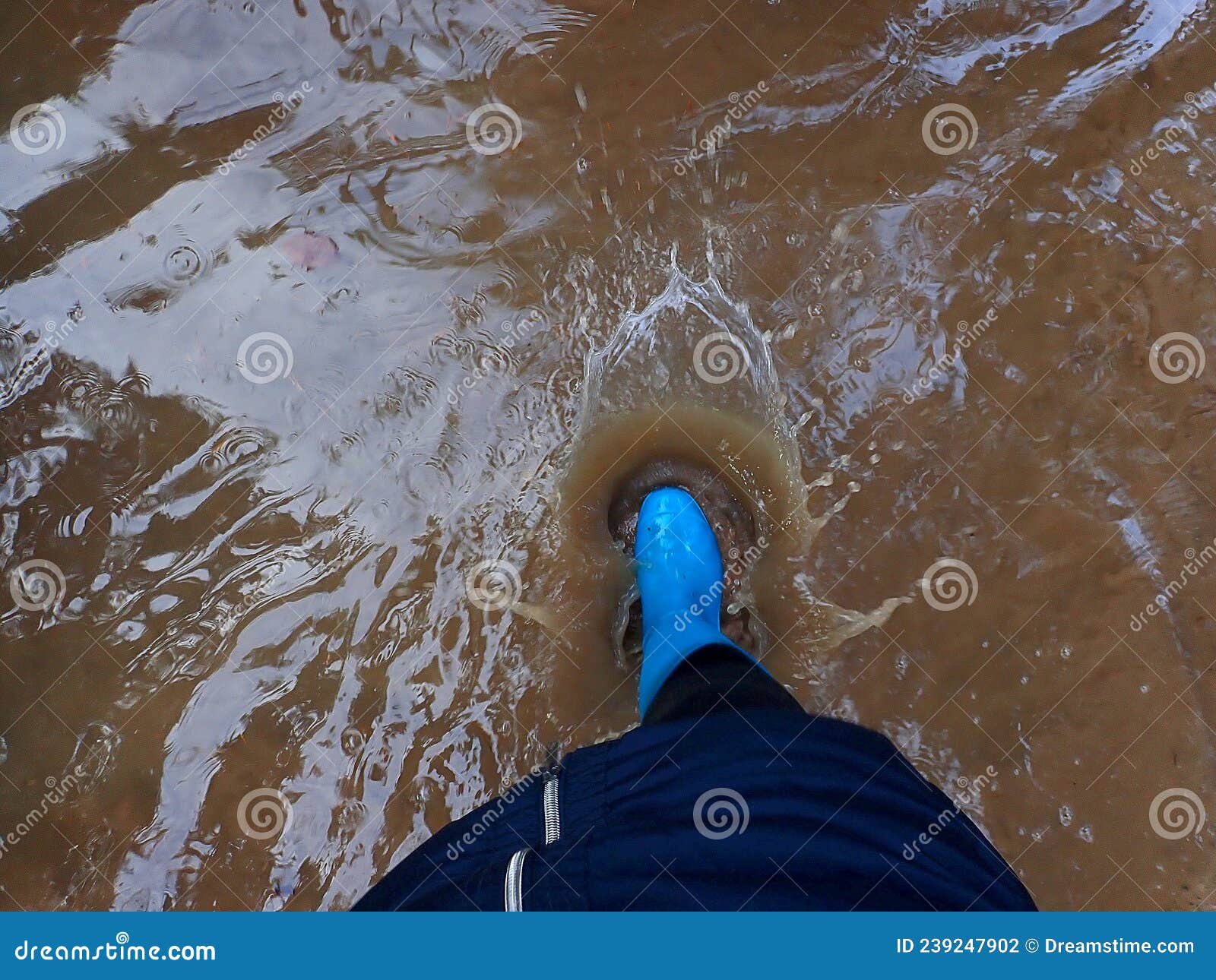 Spring Puddle.puddle Walk. Feets in Blue Rubber Boots in Spring Muddy ...