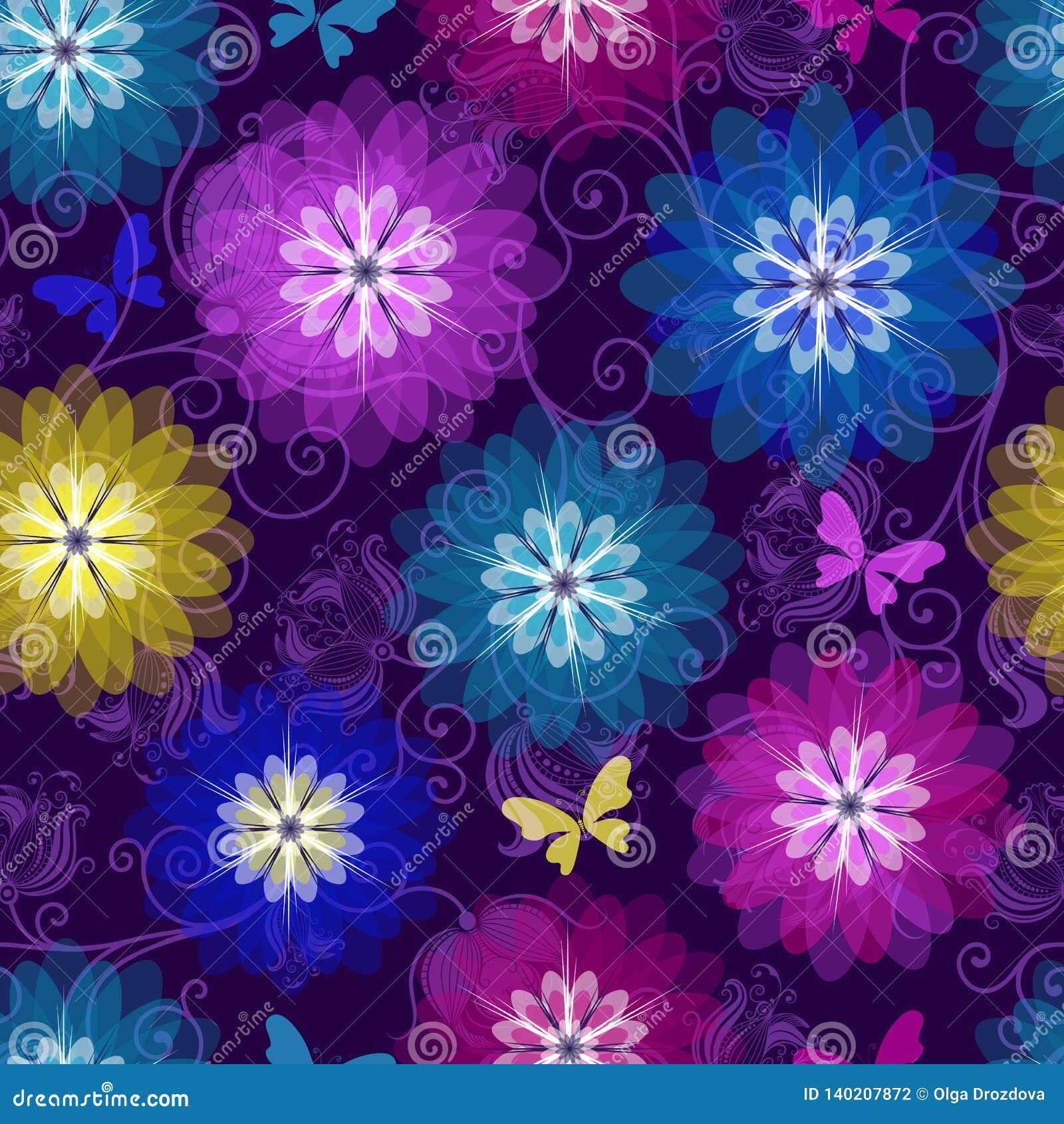 Spring Purple Seamless Pattern with Bright Translucent Flowers and ...