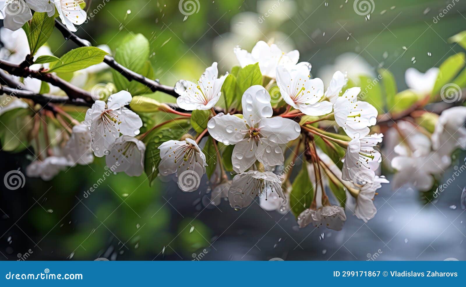 Spring Rain Drops of Rain on Flowering Branches of Trees Stock ...