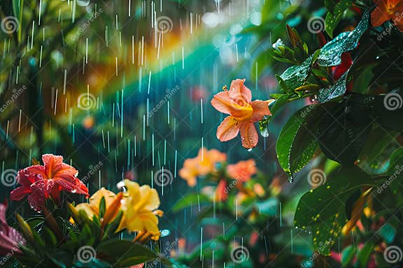 Spring Rain Showering Vibrant Garden Flowers. Generative AI Stock ... Spring Rain Showering Vibrant Garden Flowers. Generative AI Stock ...