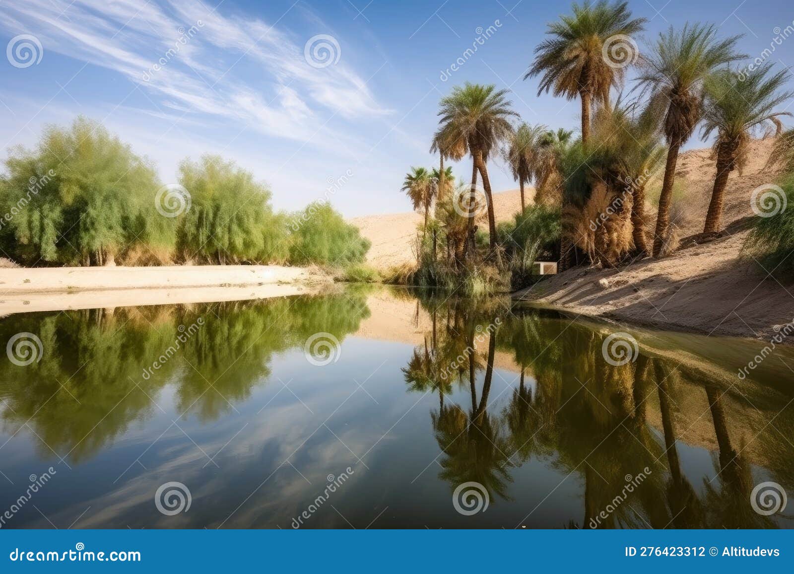 Spring with Reflection in Calm Oasis Surrounded by Desert Stock ...