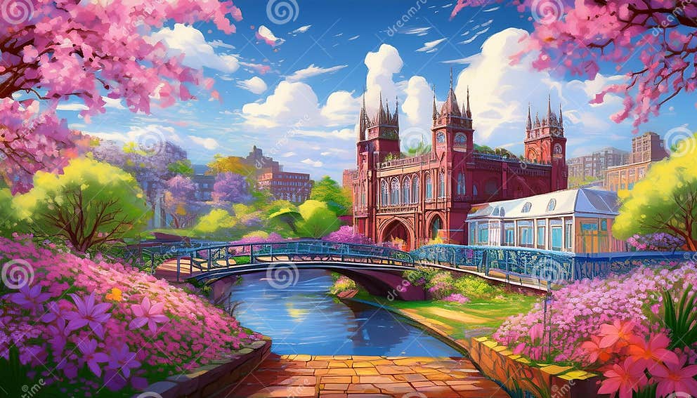 Spring River with Bridge and Castle Stock Illustration - Illustration ...