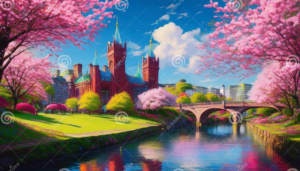 Spring River with Bridge and Castle Stock Illustration - Illustration ...
