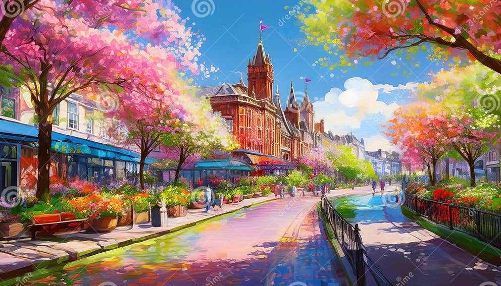 Spring River with Bridge and Castle Stock Illustration - Illustration ...