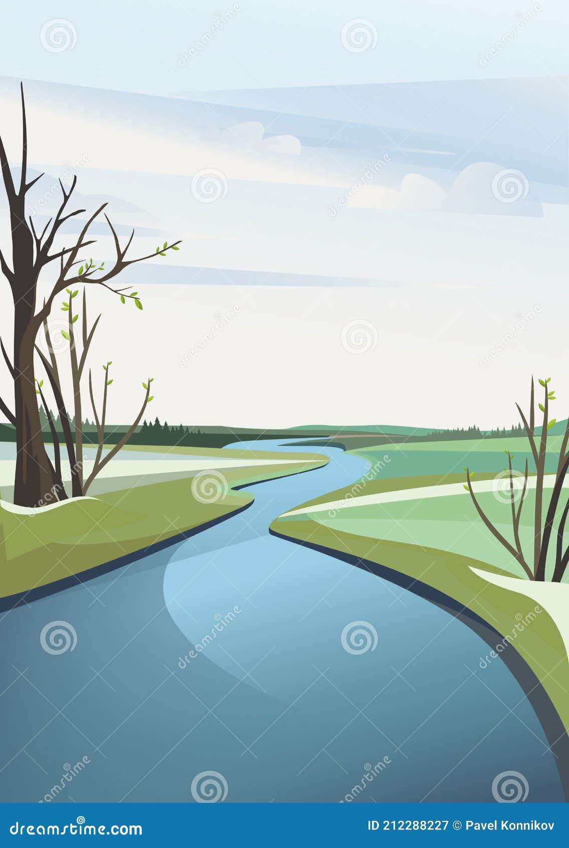 Spring river landscape. stock vector. Illustration of vacation - 212288227
