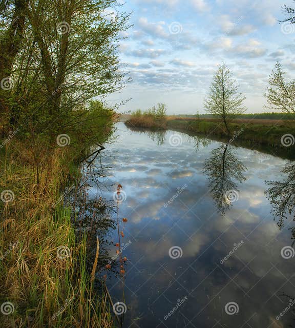 Spring River. Reflection of Clouds in Water Stock Photo - Image of ...