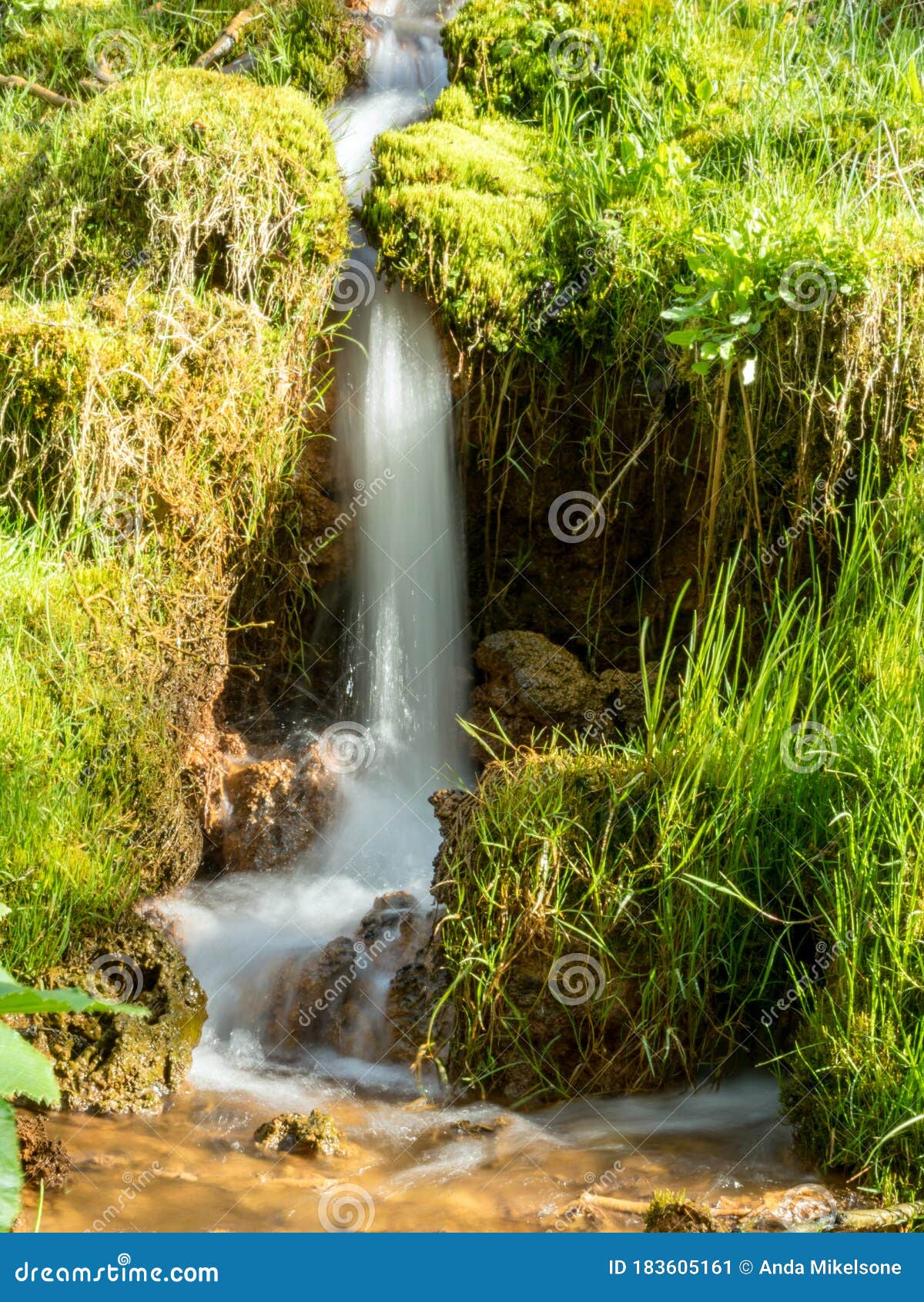 Spring River Waterfall, Stones, Green Moss and Spring Trees, David`s ...