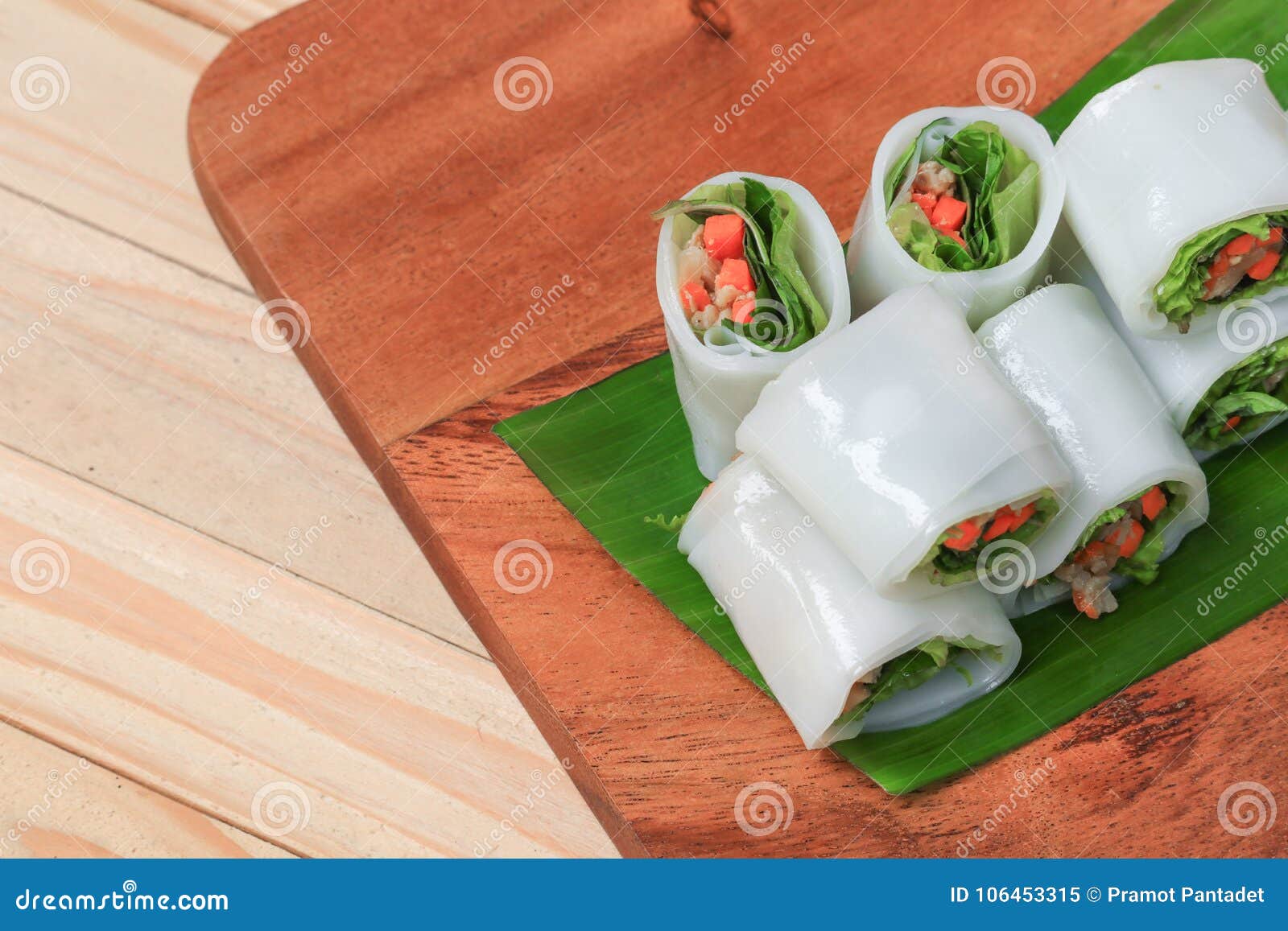 Spring Roll Cut with Vegetable on Banana Leaf Wood Floor Background ...