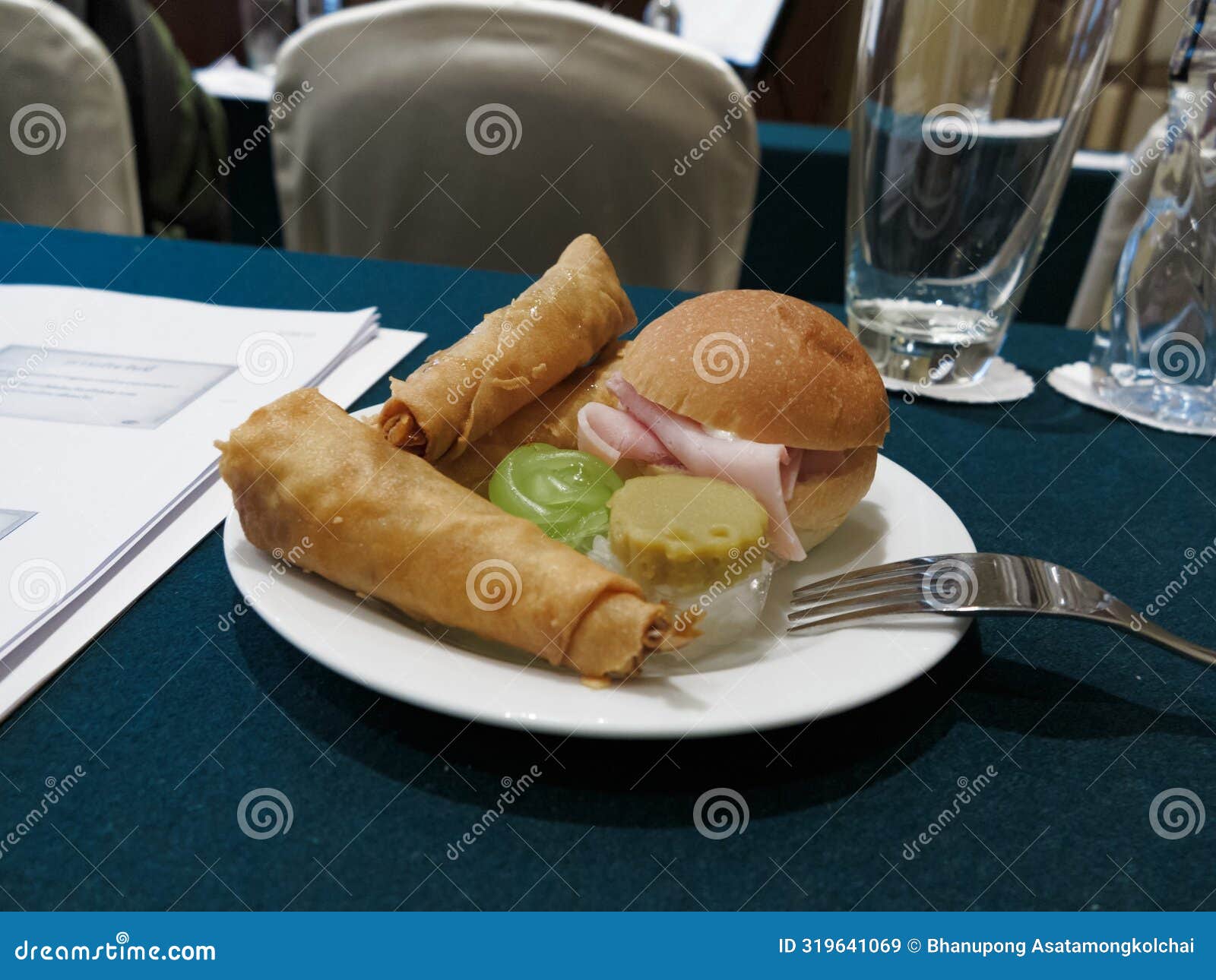 Spring Roll Mini Hamburger and Sticky Rice with Custard N White Plate ...