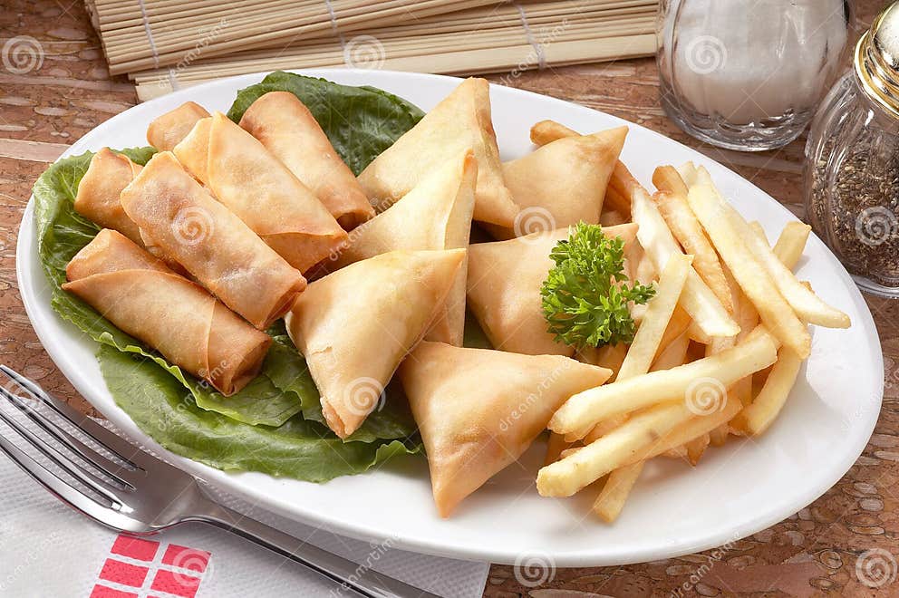 Spring roll and samosas stock image. Image of snacks - 25524505