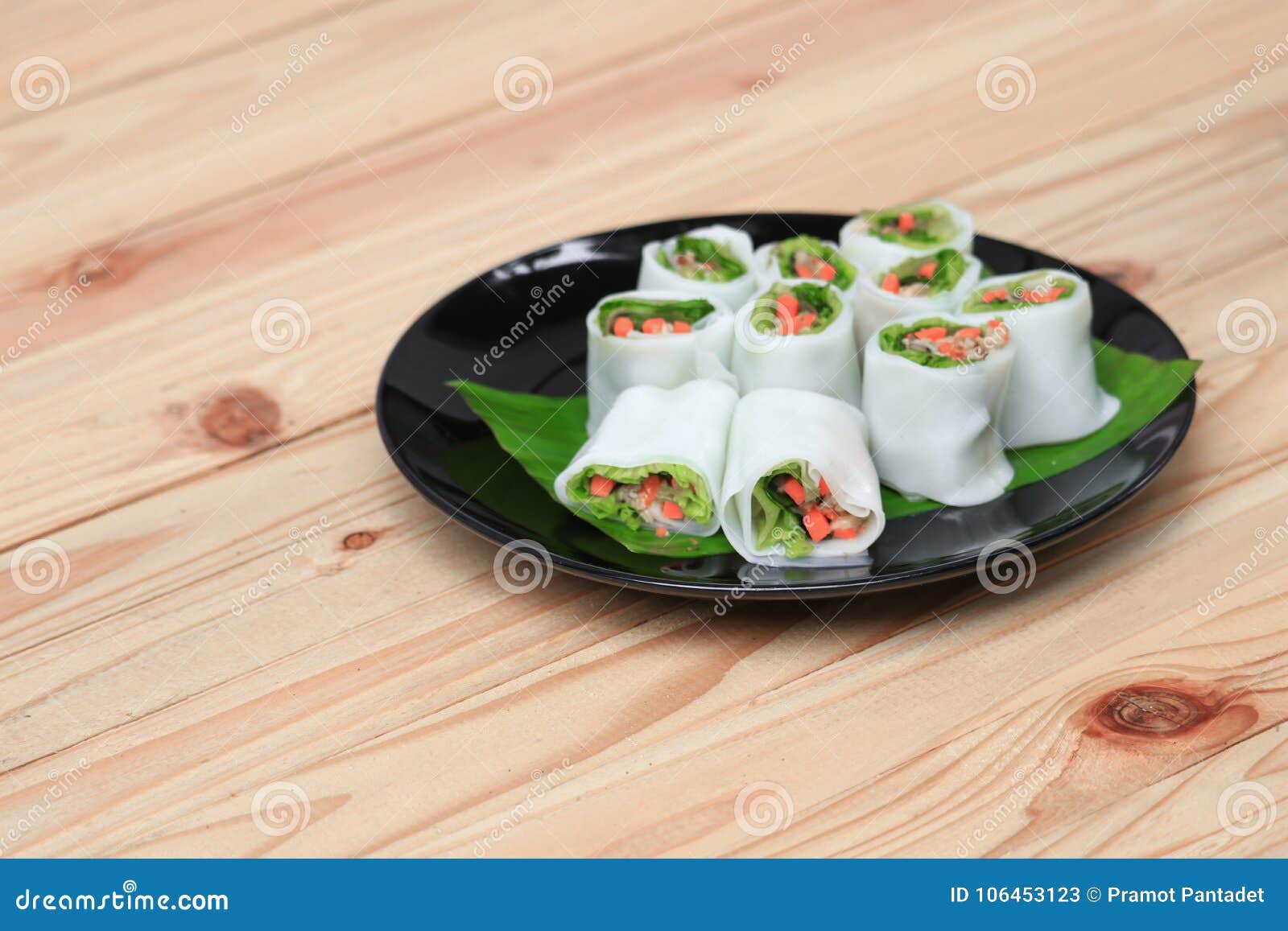 Spring Roll and Vegetable on Banana Leaf in Plate Stock Image - Image ...