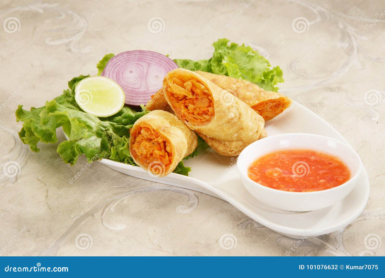 Spring Rolls with Chili Sauce Stock Photo - Image of noodles, onion ...