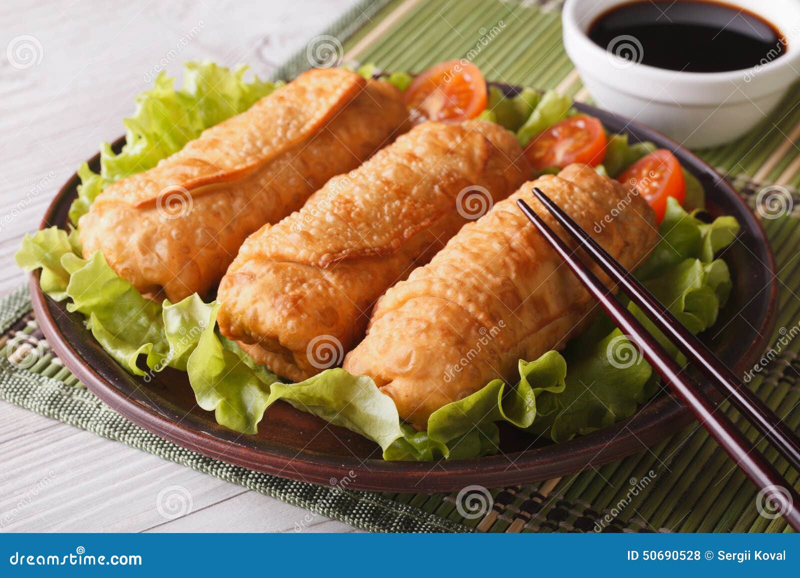 Spring Rolls Fried on a Plate Close-up and Sauce. Horizontal Stock ...