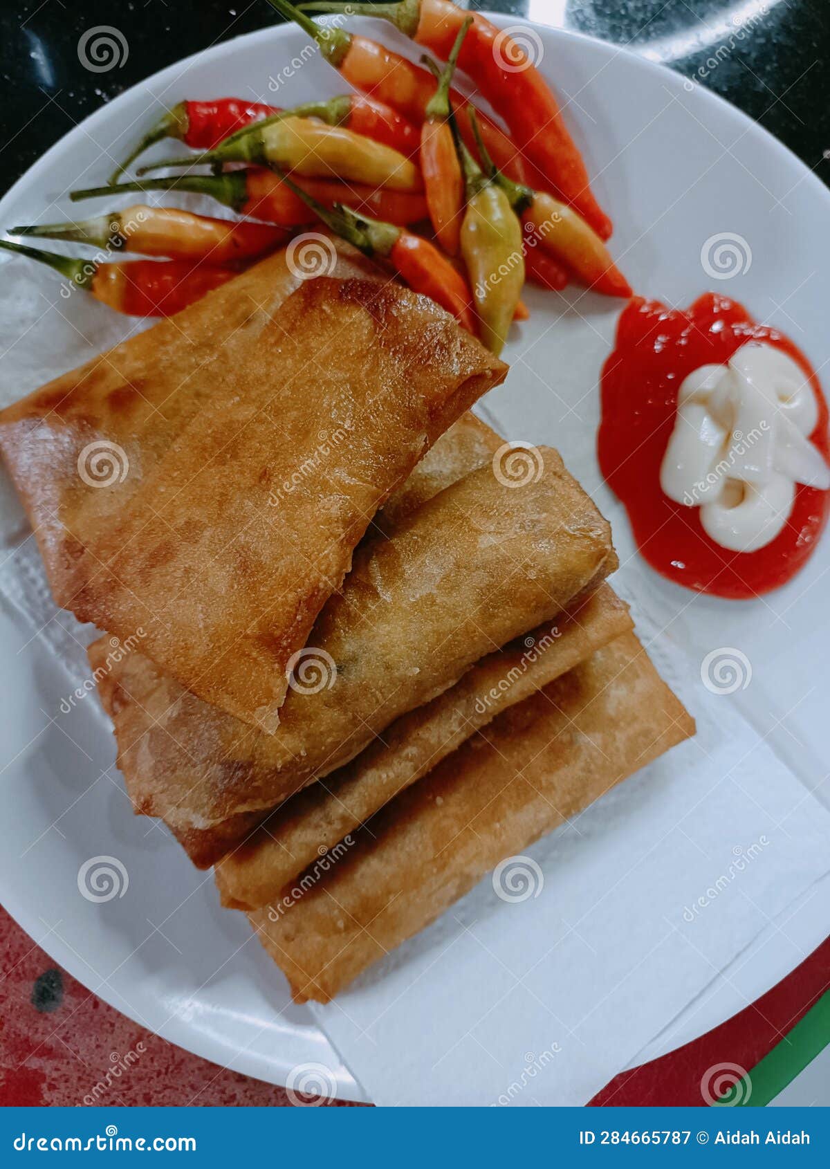 Spring Rolls Plus Chili and Tomato Sauce and Mayonnaise for Snacks ...