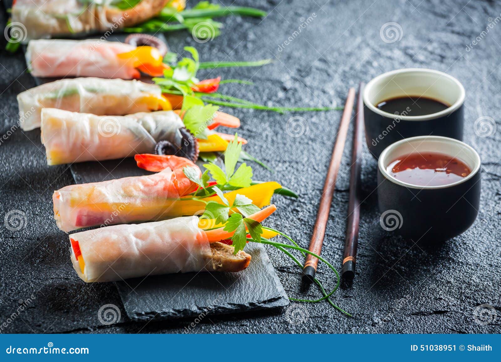 Spring Rolls Served with Soy Sauce on a Stone Plate Stock Image - Image ...