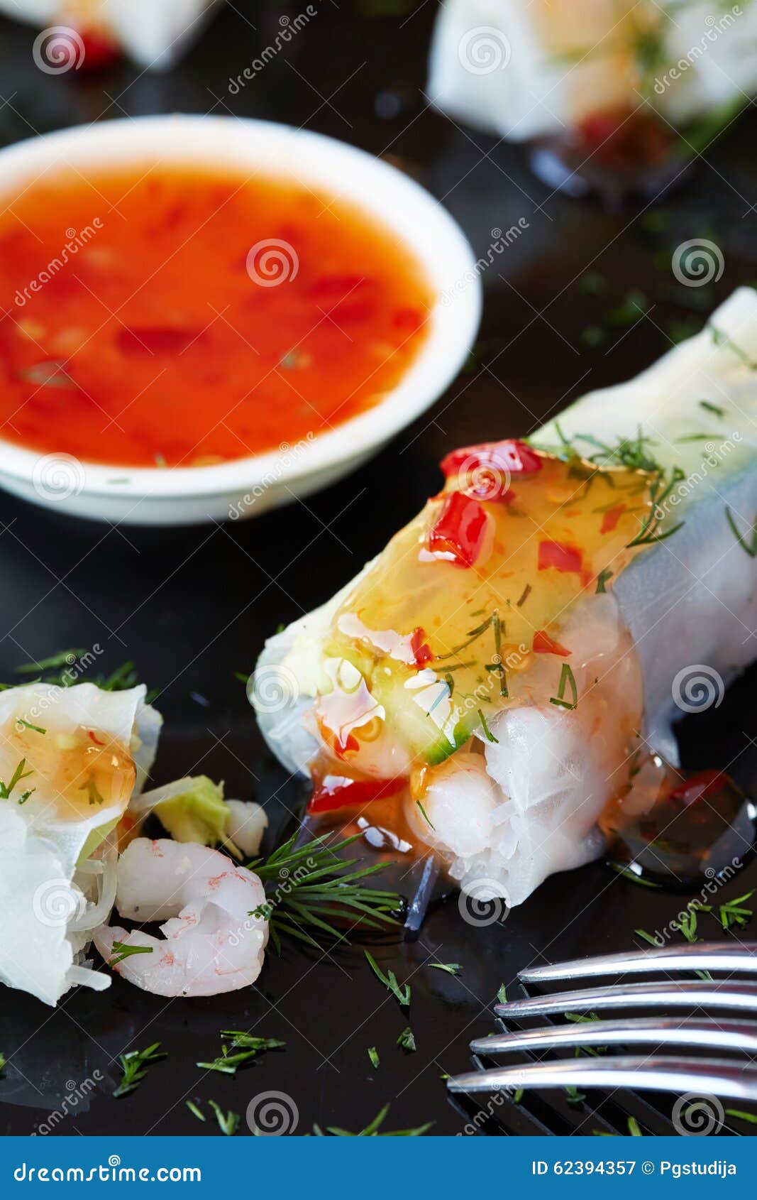 Spring Rolls with Shrimps and Sauce on Dark Plate Stock Image - Image ...