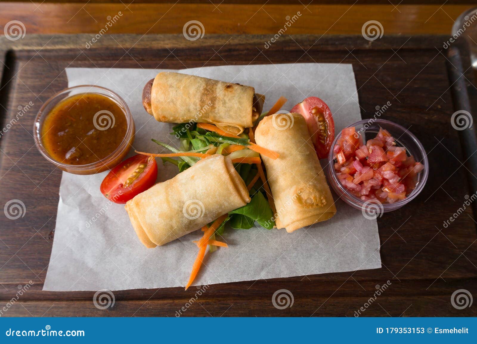 Spring Rolls with Spicy Sauces. Deep Fried Spring Rolls Meal Stock ...