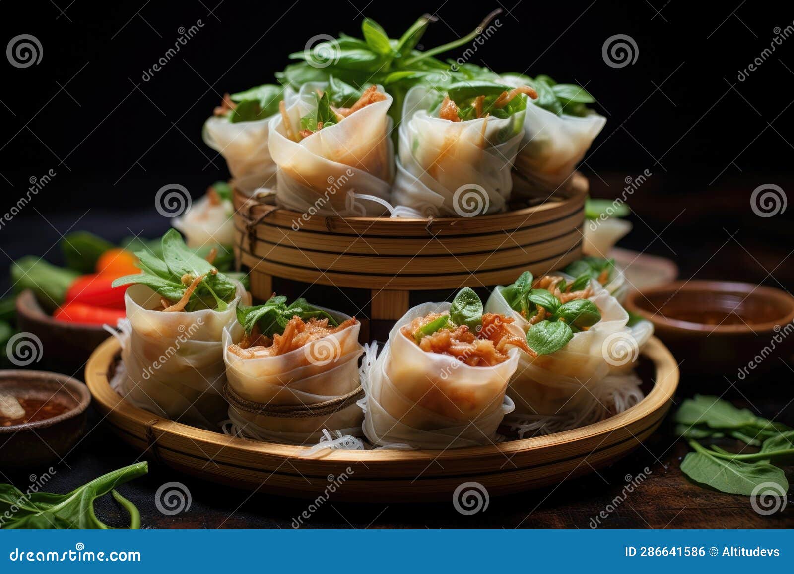 Spring Rolls Stacked in a Bamboo Steamer Stock Photo - Image of ...