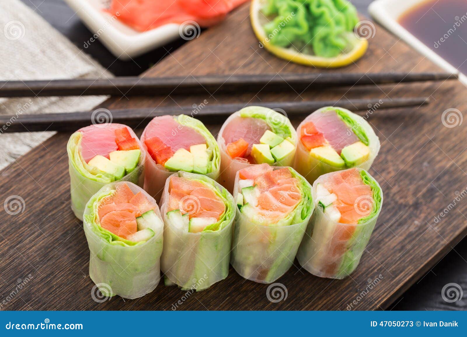 Spring Rolls with Tuna and Salmon Stock Image - Image of roll, salmon ...