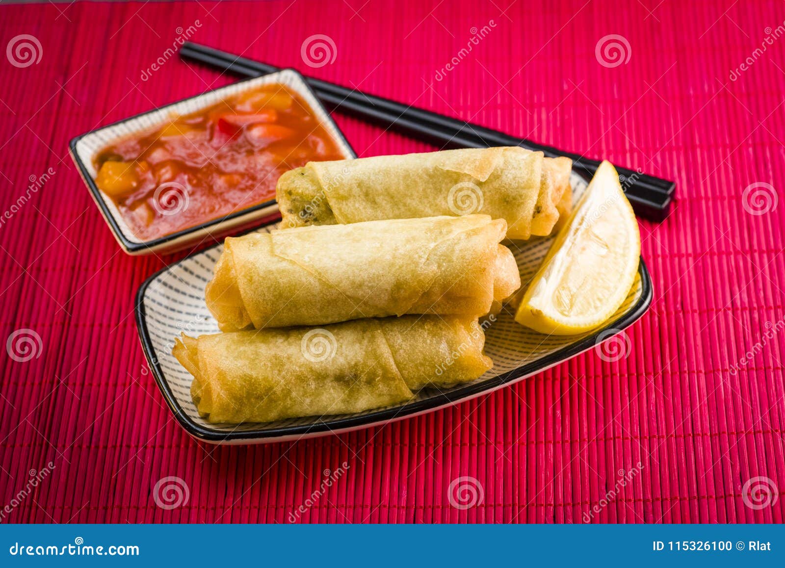 Spring Rolls, Chopsticks and Sauce Stock Photo - Image of culture, deep ...