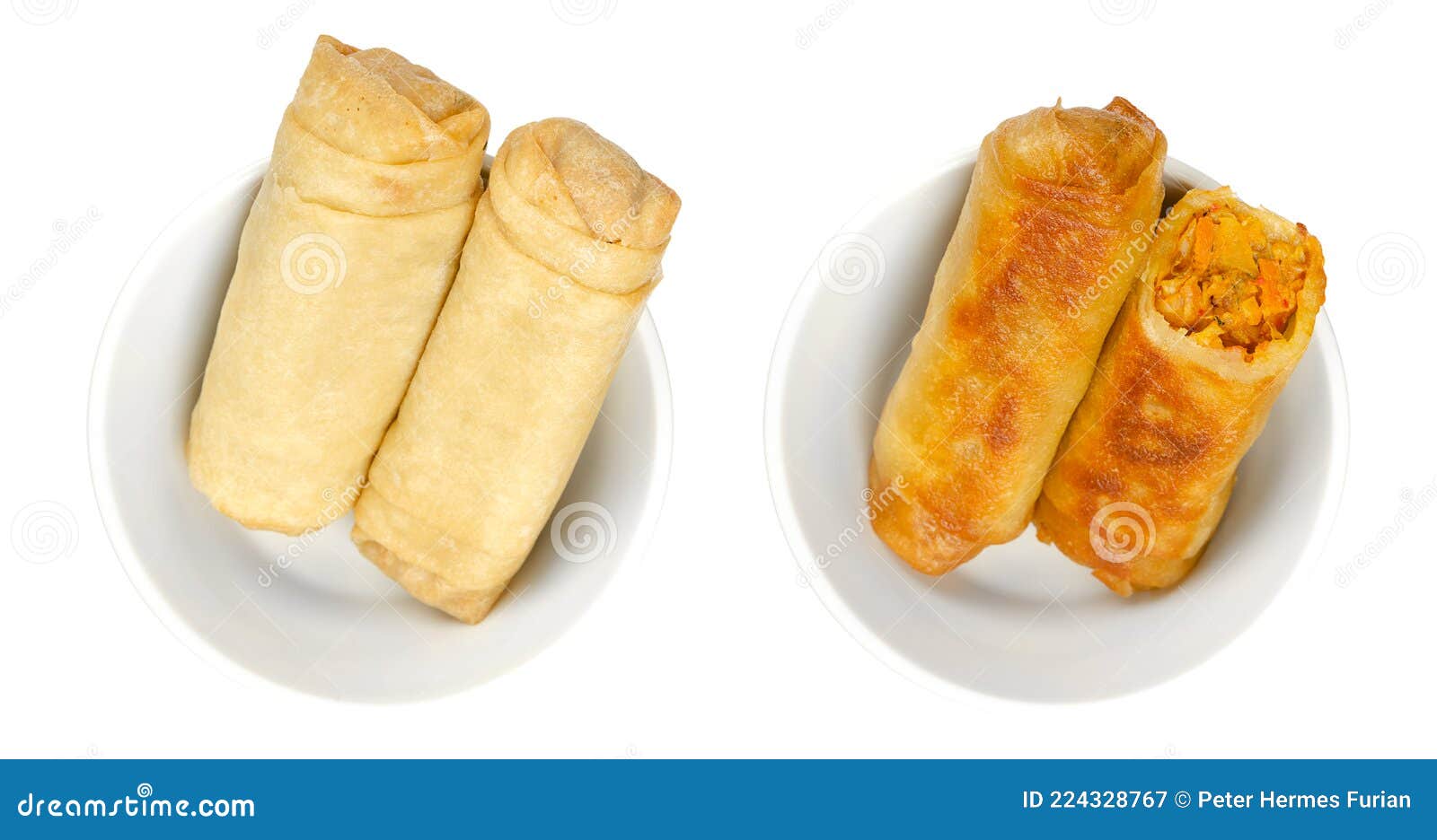 Spring Rolls, Unfried and in a Pan Crispy Fried, in White Bowls Stock ...