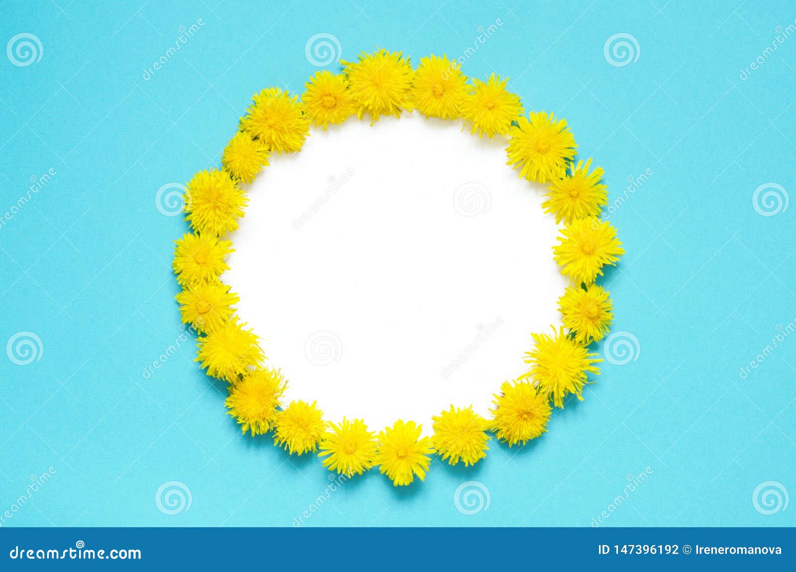 Spring Round Frame with Dandelion Flowers on Blue Background. Stock ...