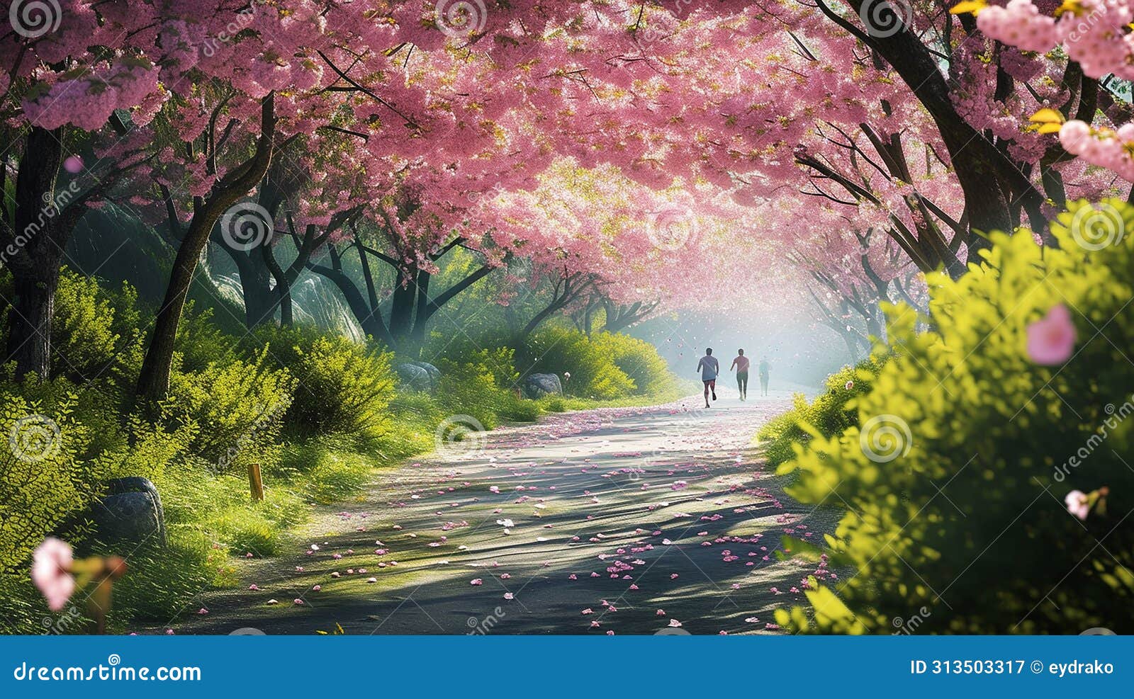 Spring Runners on a Scenic Path Surrounded by Cherry Blossoms and Lush ...
