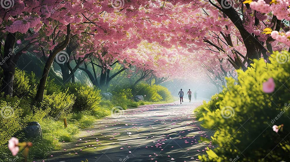 Spring Runners on a Scenic Path Surrounded by Cherry Blossoms and Lush ...