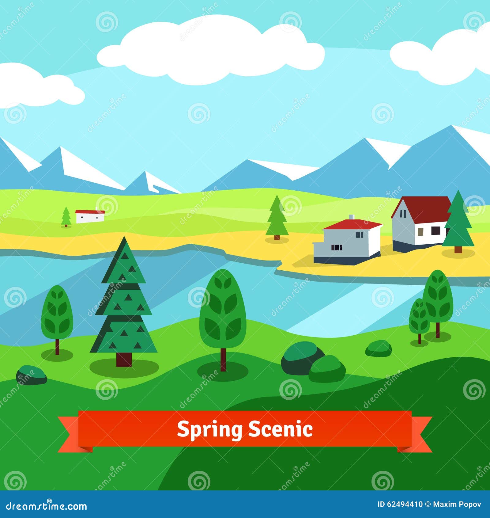 Spring Rural Farm Riverside Scenic with Mountains Stock Vector ...