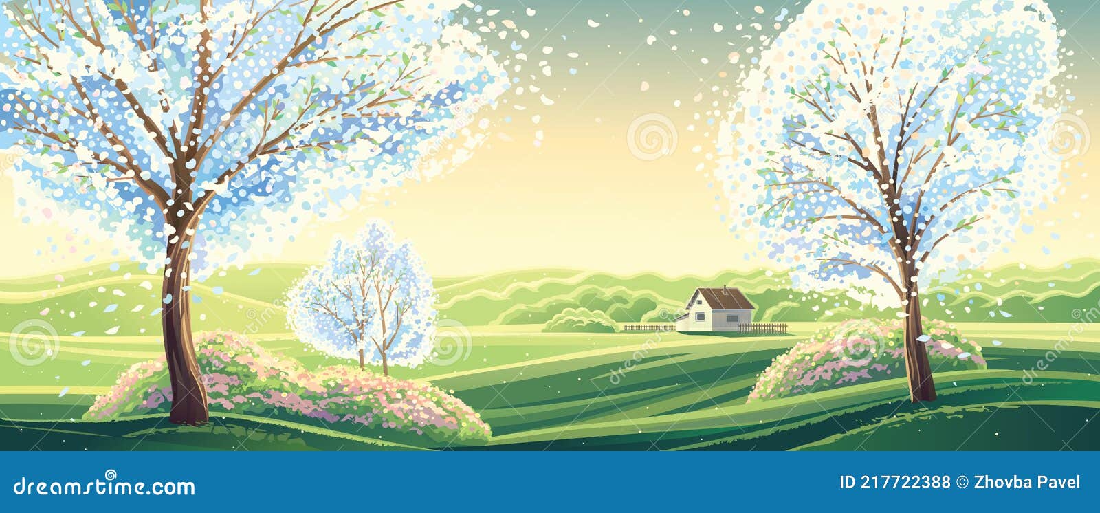Spring Rural Landscape with Flowering Trees. Stock Vector ...
