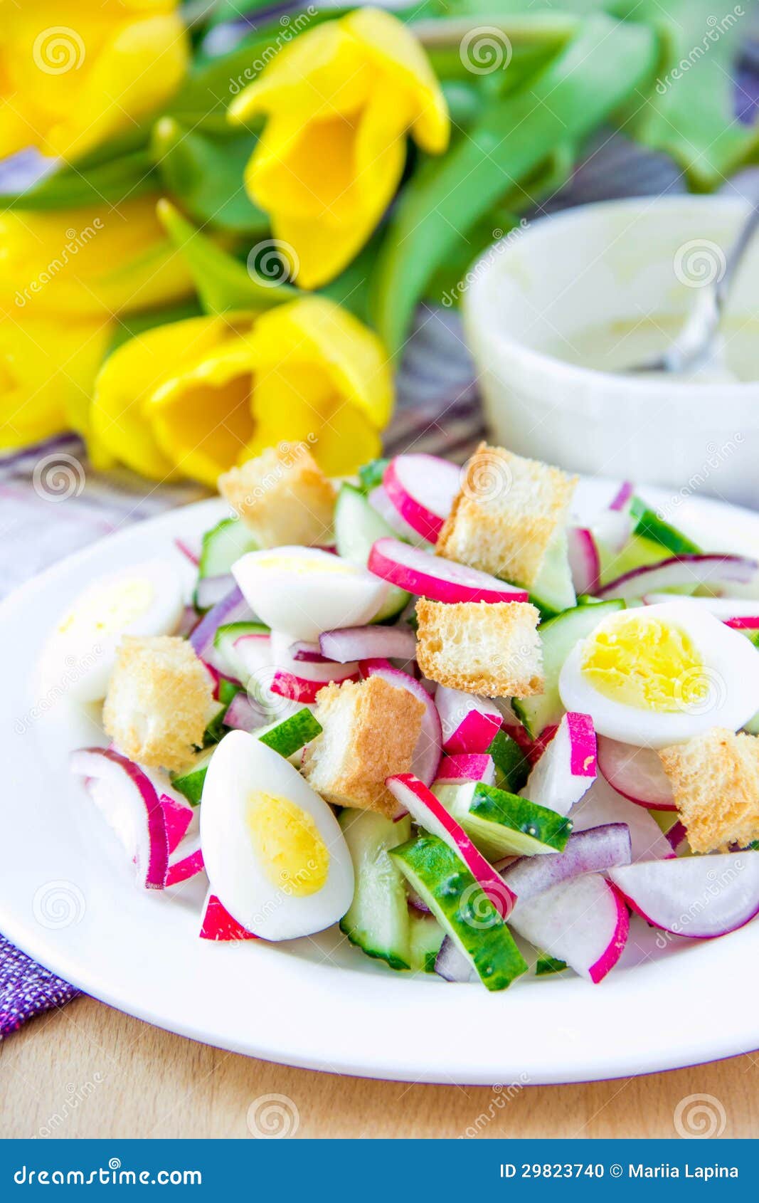 Spring Salad with Radishes, Cucumbers, Eggs and Crouton Stock Photo ...