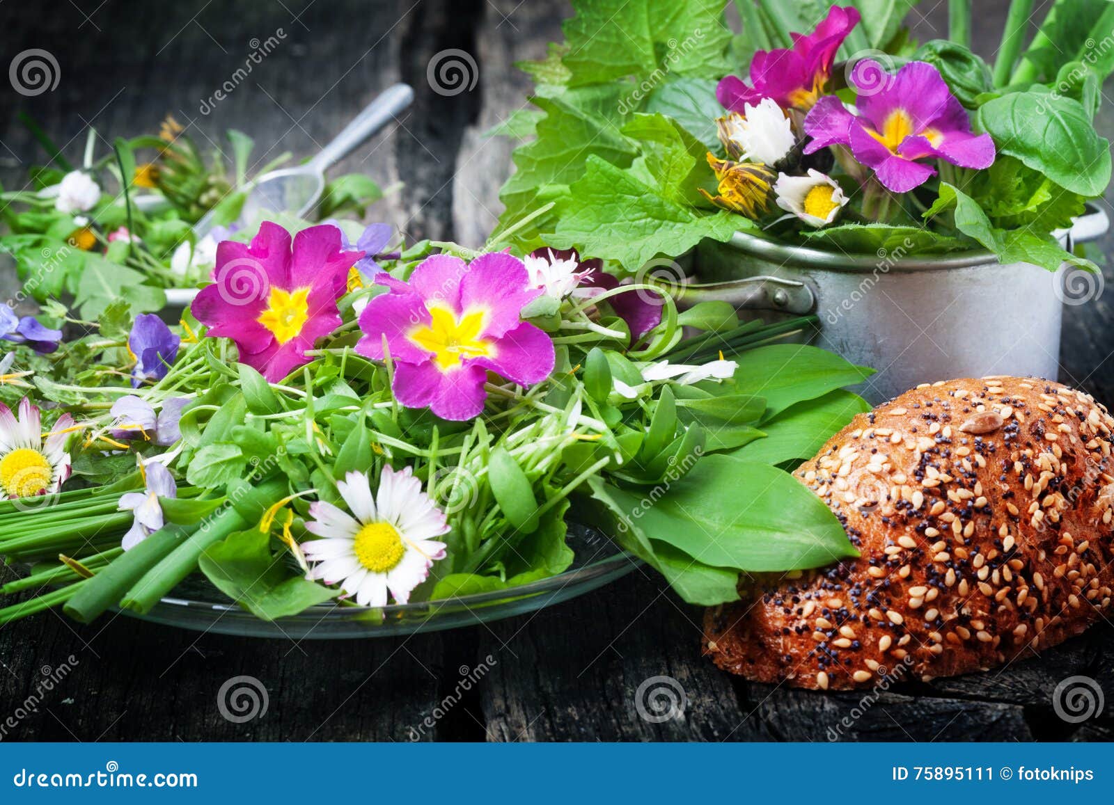 Spring Salad, Wild Herbs, Edible Flowers Stock Image - Image of rustic ...