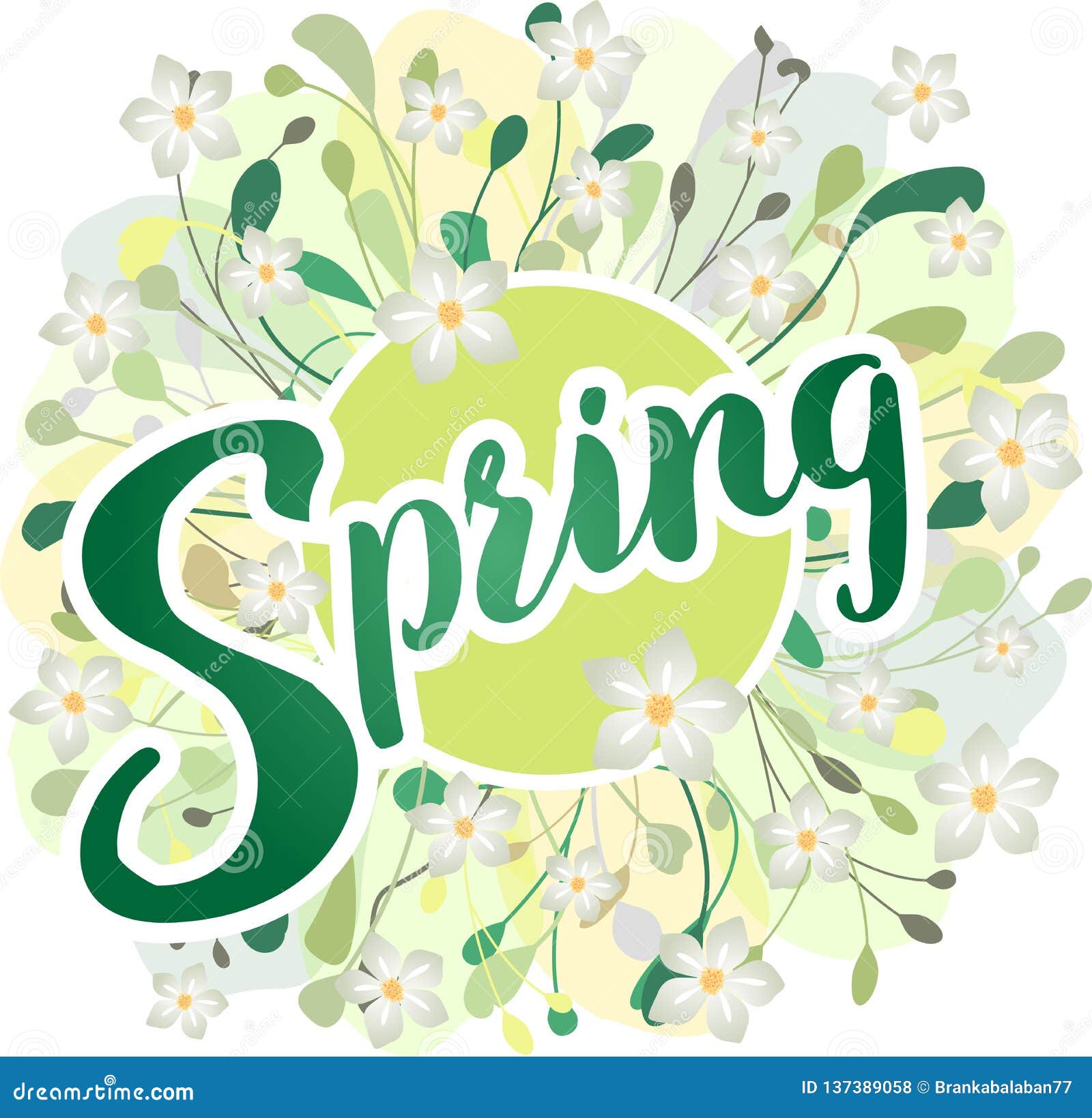 Spring - Seasonal Vector with Green Leaves, Foliage and White Spring ...