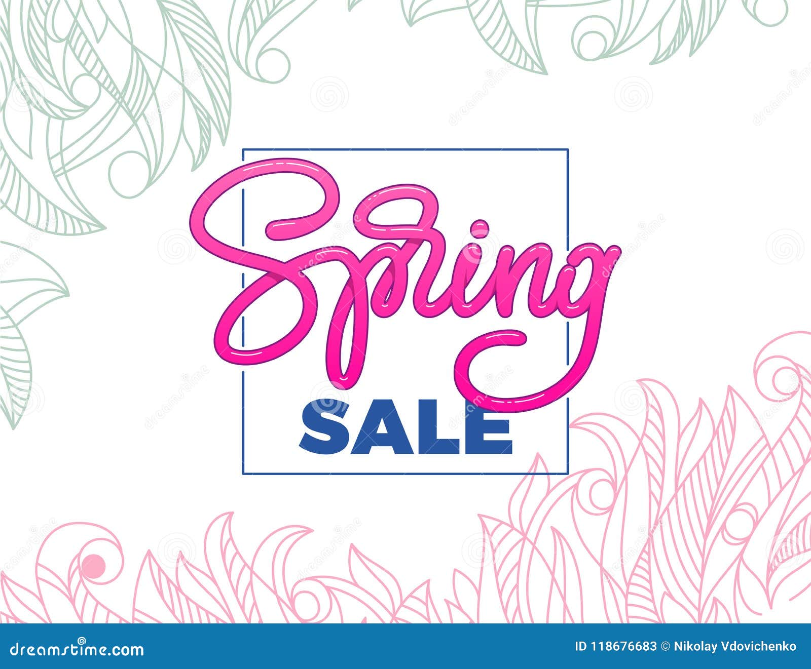 Spring Sale Banner with Square Frame and Hand Sketched Pattern on White ...