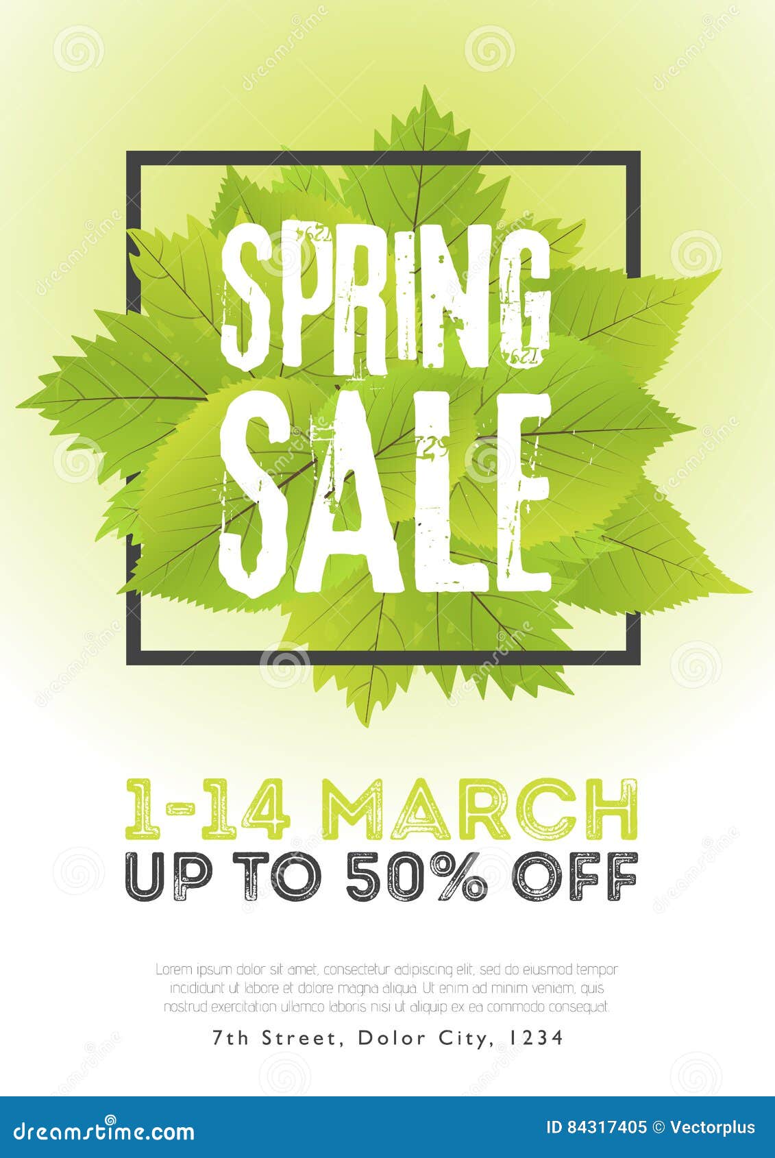 Spring Sale Poster Template with Leaves and Frame in Green White ...