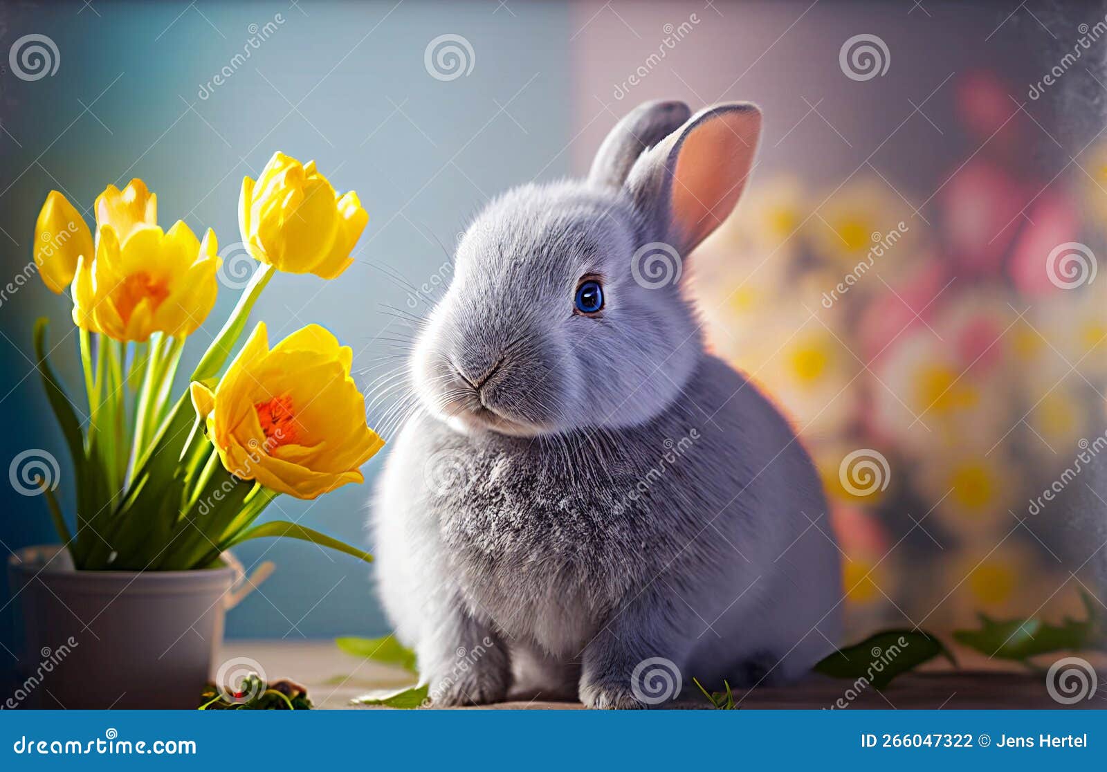 Cute Rabbit and Flowers on a Table Stock Illustration - Illustration of ...