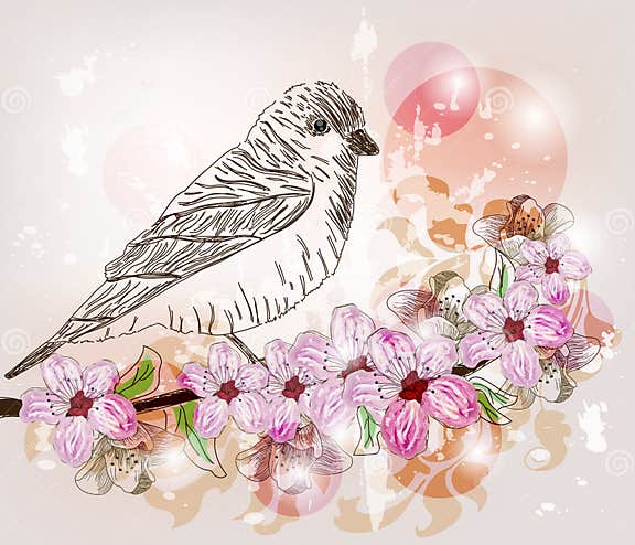 Spring Scene with Hand Drawn Bird Stock Vector - Illustration of ...