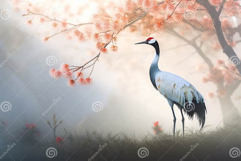 Spring Scenery Crane. Generate Ai Stock Illustration - Illustration of ...