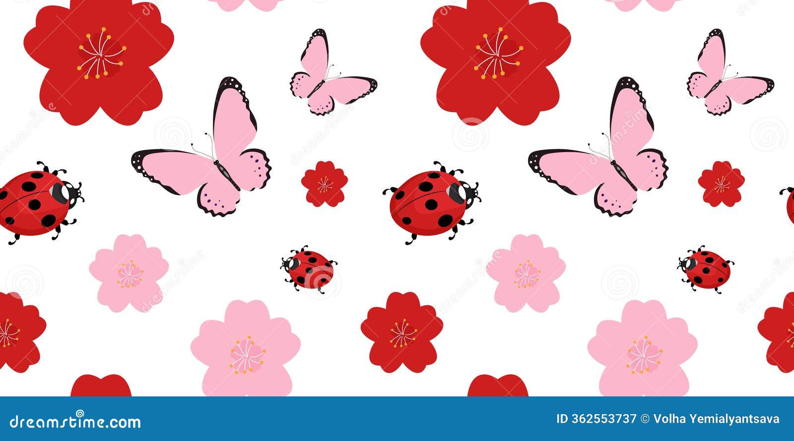 Spring Seamless Background with Flowers, Butterflies, Ladybugs. Vector ...