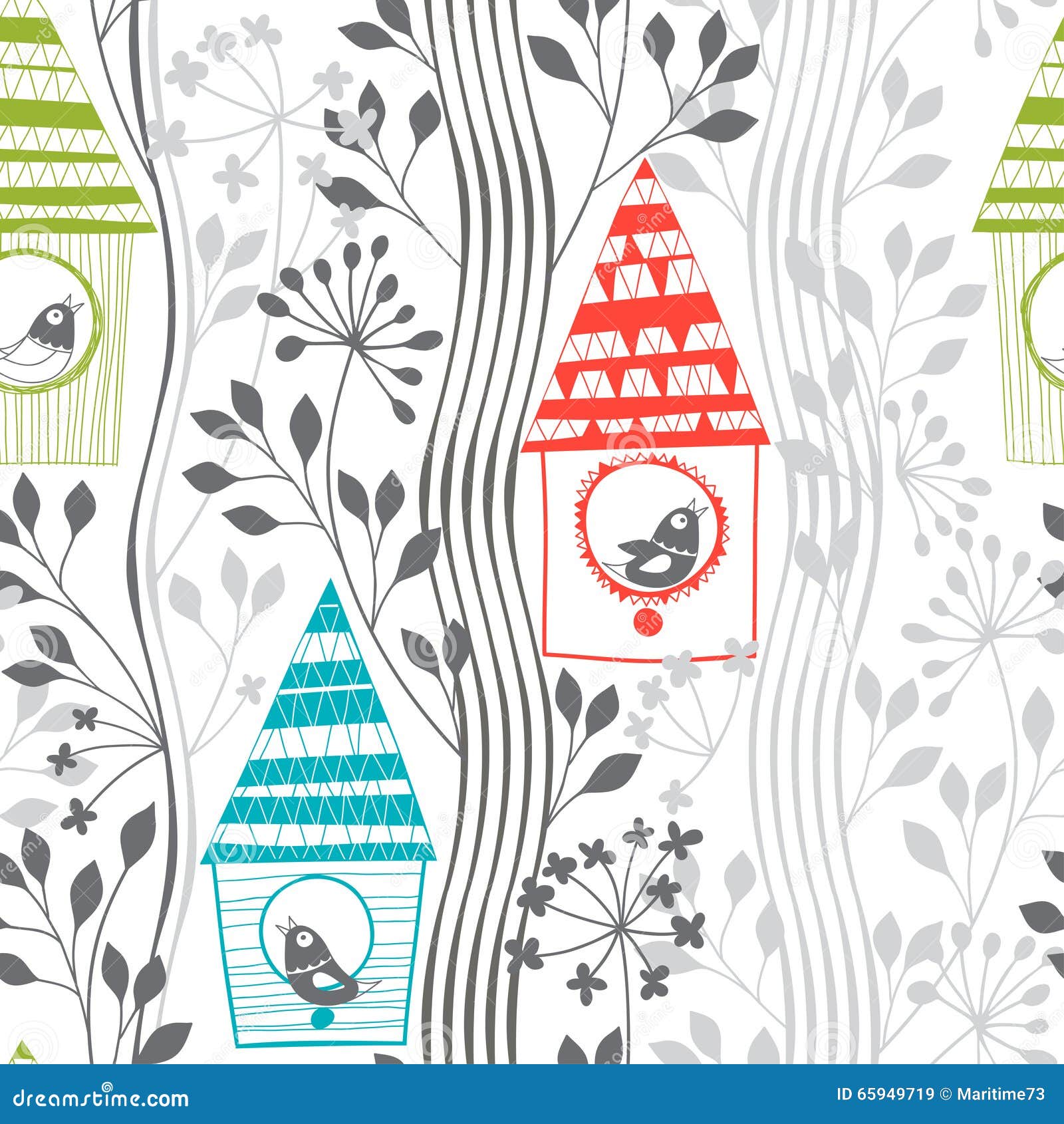 Spring Seamless Pattern with Birds, Flowering Trees and Birdhouses ...