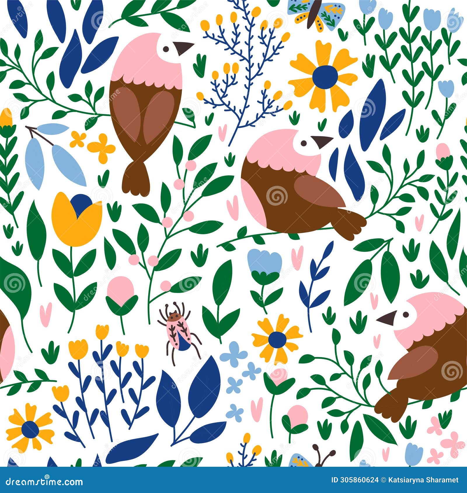 Spring Seamless Pattern with Birds. Vector Illustration Stock Vector ...