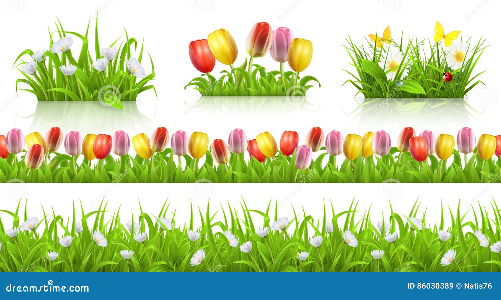 Spring Seamless Pattern, Grass and Flowers 3d Vector Set Stock Vector ...
