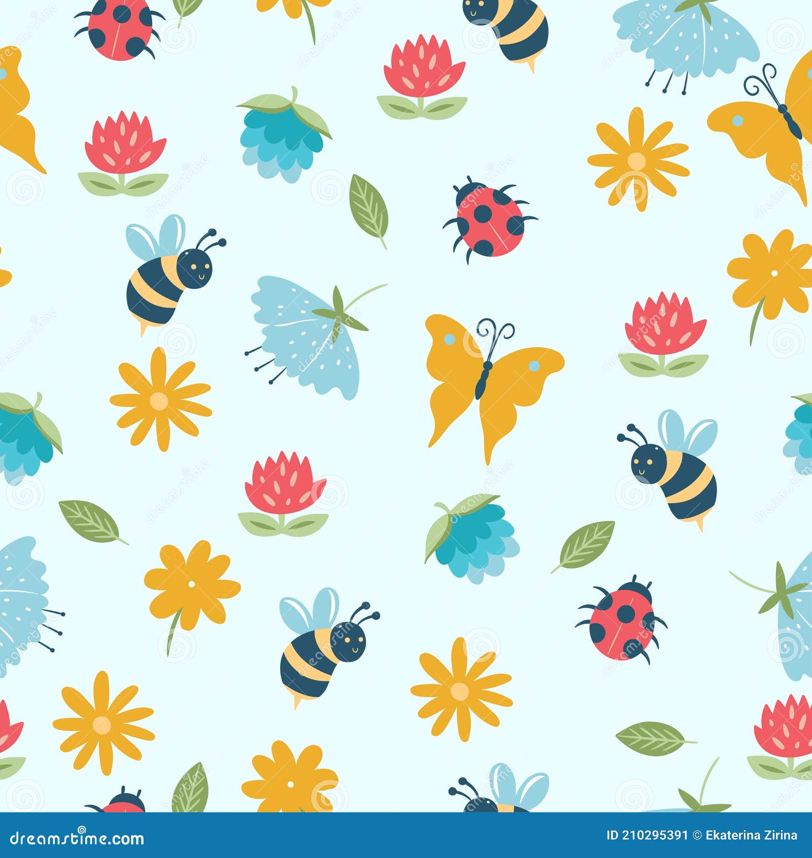 Spring Seamless Pattern with Insects and Flowers. Vector Graphics Stock ...